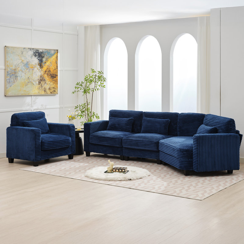 Ebern Designs Redenius Curved Corduroy Living Room Sofa Set includes 4 Seater plus Single Sofa ...